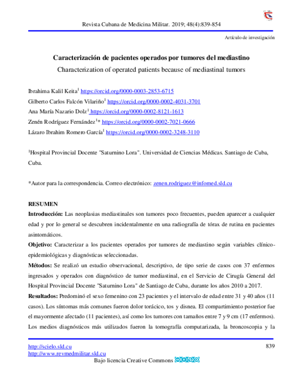 (PDF) Caracterización de pacientes operados por tumores del mediastino