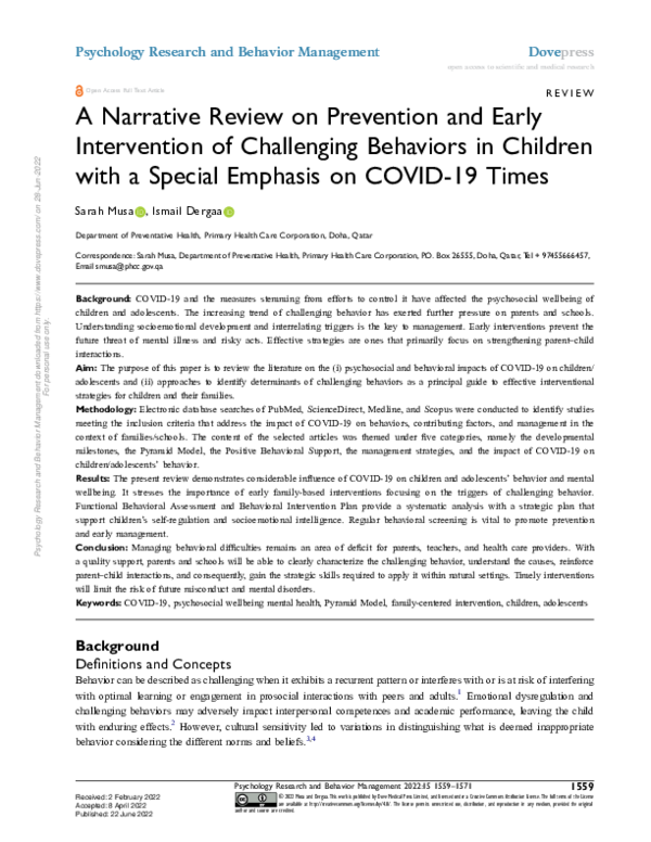 (PDF) A Narrative Review on Prevention and Early Intervention of ...