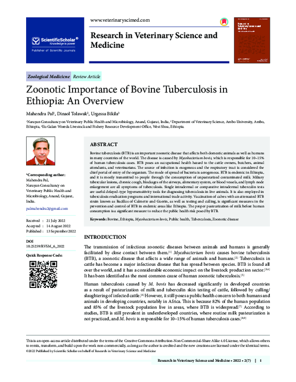 (PDF) Zoonotic Importance of Bovine Tuberculosis in Ethiopia: An Overview