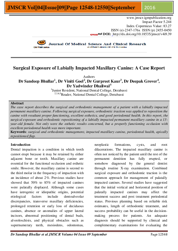 (PDF) Surgical Exposure of Labially Impacted Maxillary Canine: A Case ...