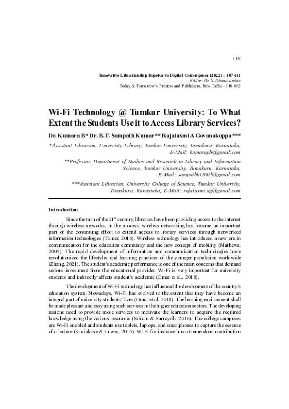 (PDF) Wi-Fi Technology @ Tumkur University: To What Extent the Students ...