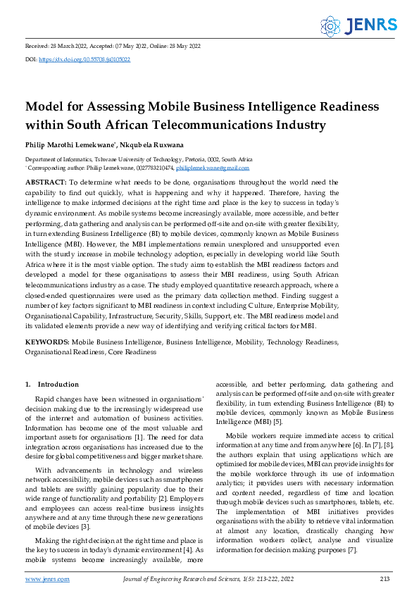 (PDF) Model for Assessing Mobile Business Intelligence Readiness within South African ...
