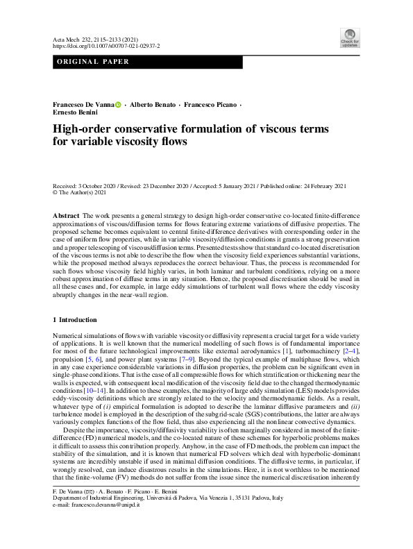 (PDF) High-order conservative formulation of viscous terms for variable ...