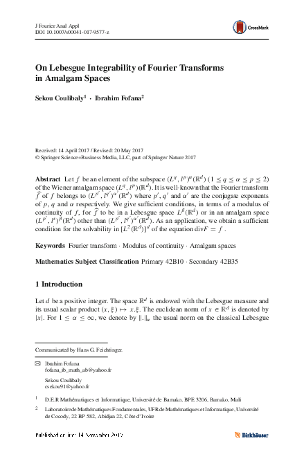 (PDF) On Lebesgue Integrability of Fourier Transforms in Amalgam Spaces