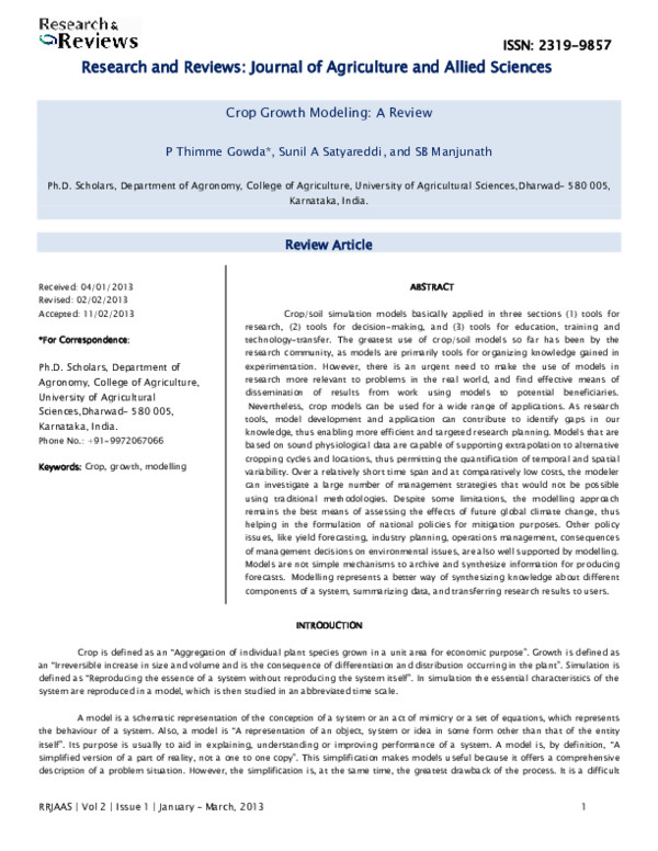 (PDF) Research and Reviews: Journal of Agriculture and Allied Sciences Crop Growth Modeling: A ...