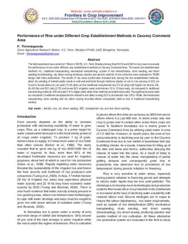 (PDF) Per for mance of Rice un der Dif fer ent Crop Es tab lish ment ...