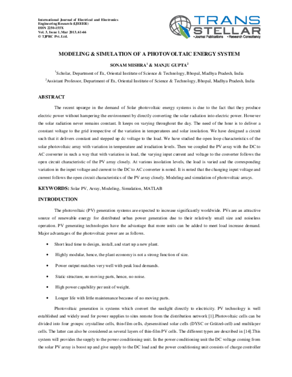 (PDF) Modeling & Simulation of a Photovoltaic Energy System
