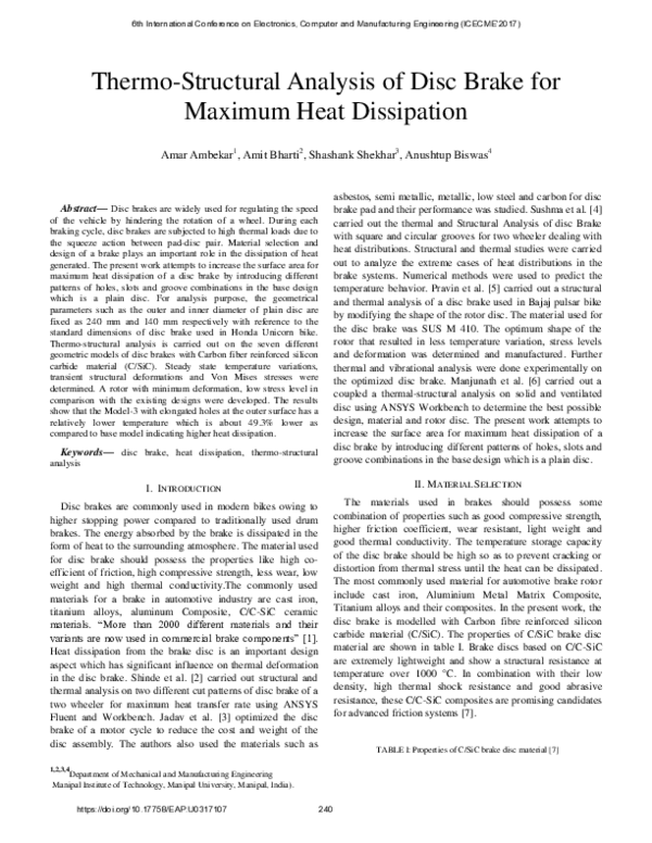 (PDF) Thermo-Structural Analysis of Disc Brake for Maximum Heat Dissipation (PDF) Thermo-Structural Analysis of Disc Brake for Maximum Heat Dissipation