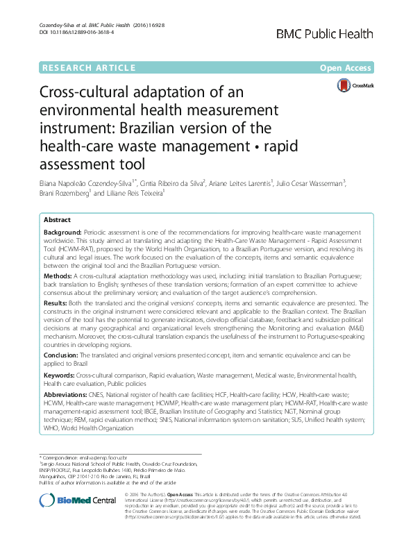 (PDF) Cross-cultural adaptation of an environmental health measurement instrument: Brazilian ...