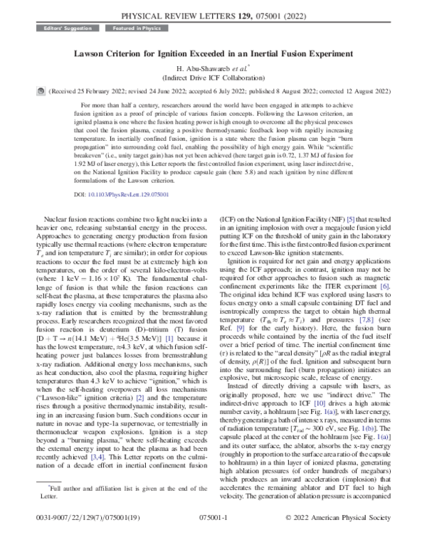 (PDF) Lawson Criterion for Ignition Exceeded in an Inertial Fusion ...