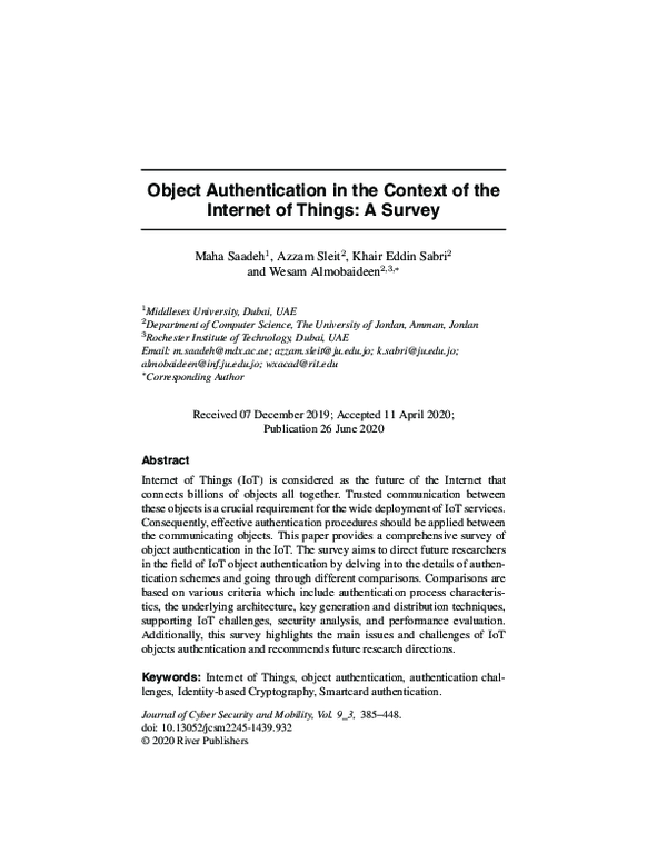 (PDF) Object Authentication in the Context of the Internet of Things: A Survey