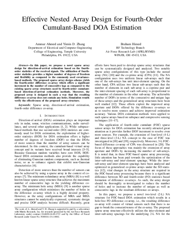 Pdf Effective Nested Array Design For Fourth Order Cumulant Based Doa Estimation Ammar Ahmed 