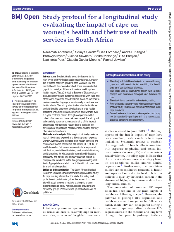 (PDF) Study protocol for a longitudinal study evaluating the impact of rape on women's health ...
