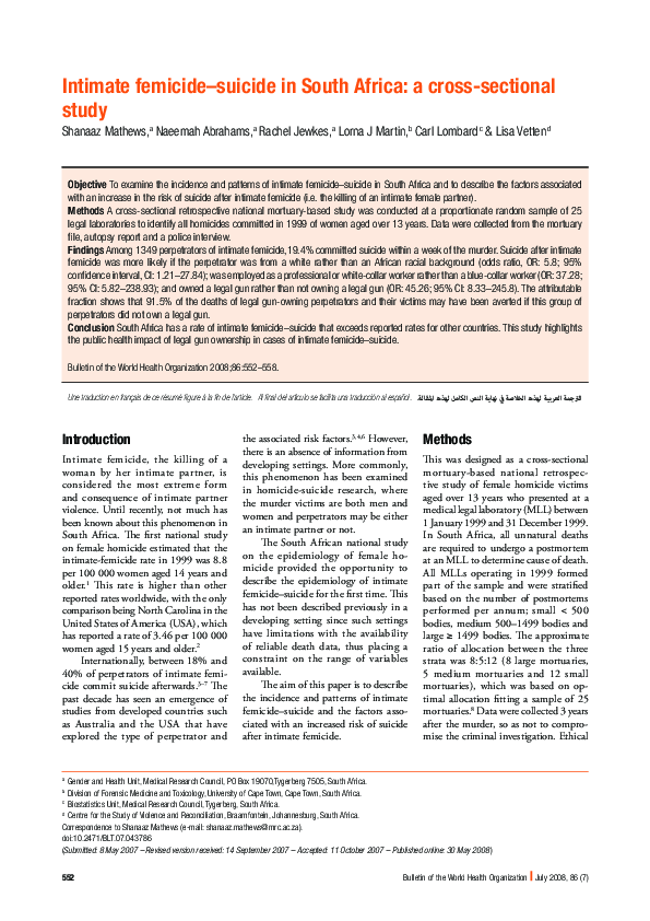 (PDF) Intimate femicide-suicide in South Africa: a cross-sectional study