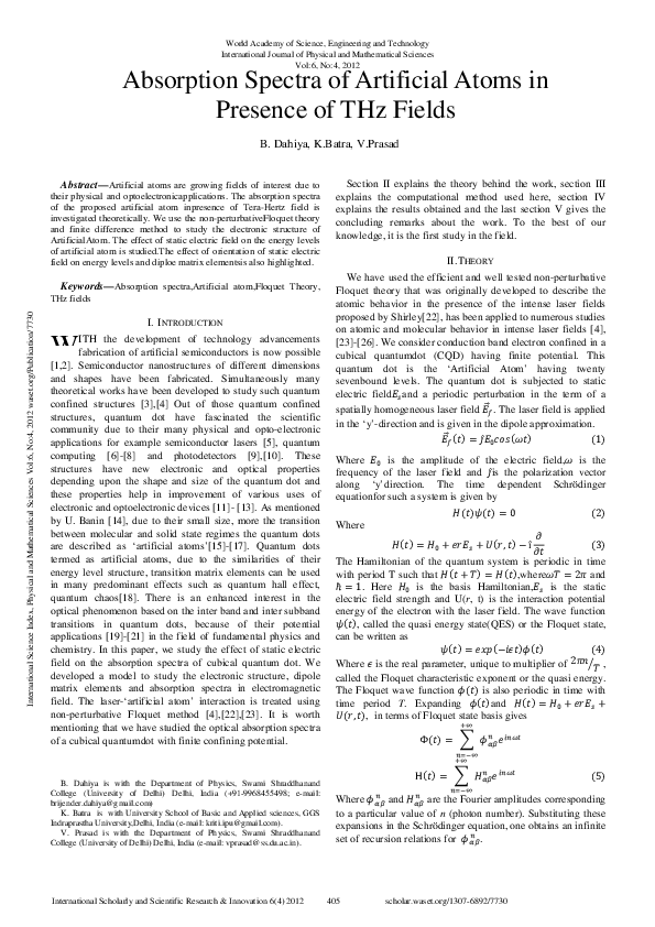 (PDF) Absorption Spectra Of Artificial Atoms In Presence Of Thz Fields
