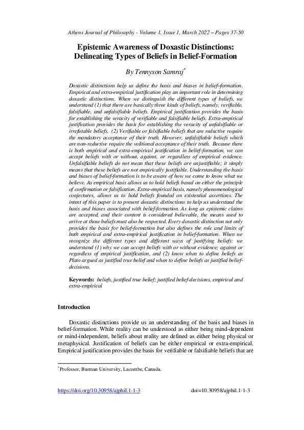 (PDF) Epistemic Awareness of Doxastic Distinctions: Delineating Types ...