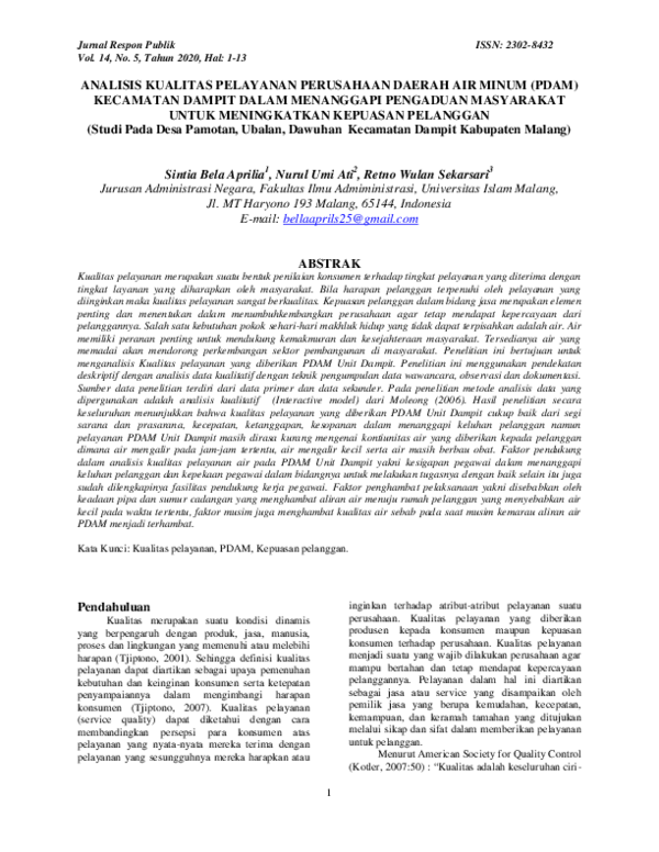 (PDF) ANALISIS KUALITAS PELAYANAN PERUSAHAAN DAERAH AIR MINUM (PDAM) KECAMATAN DAMPIT DALAM ...