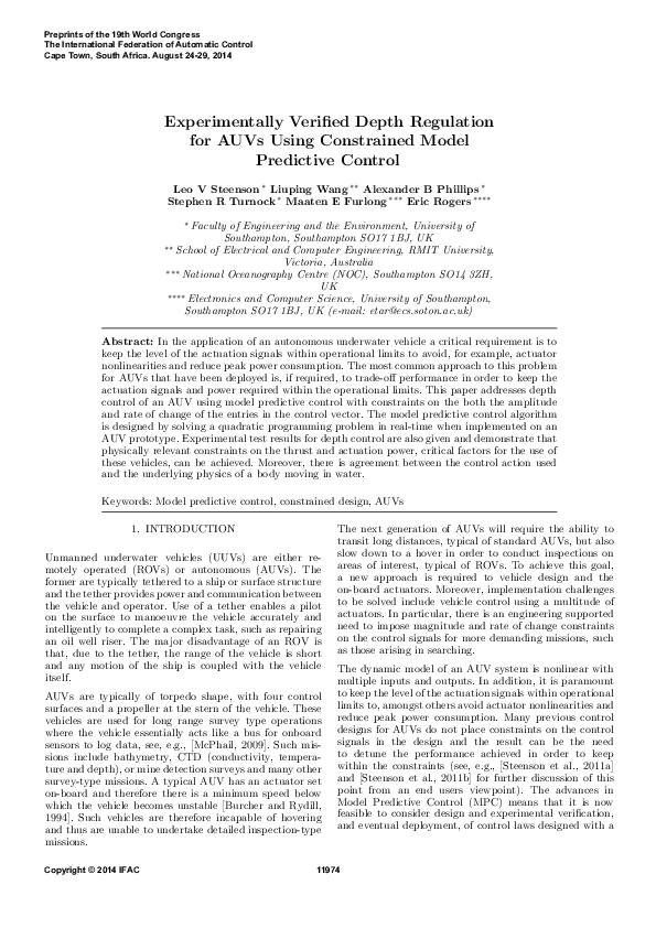 (PDF) Experimentally Verified Depth Regulation for AUVs Using Constrained Model Predictive Control