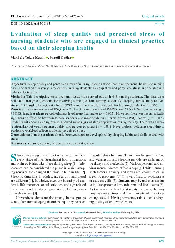 (PDF) Evaluation of sleep quality and perceived stress of nursing ...