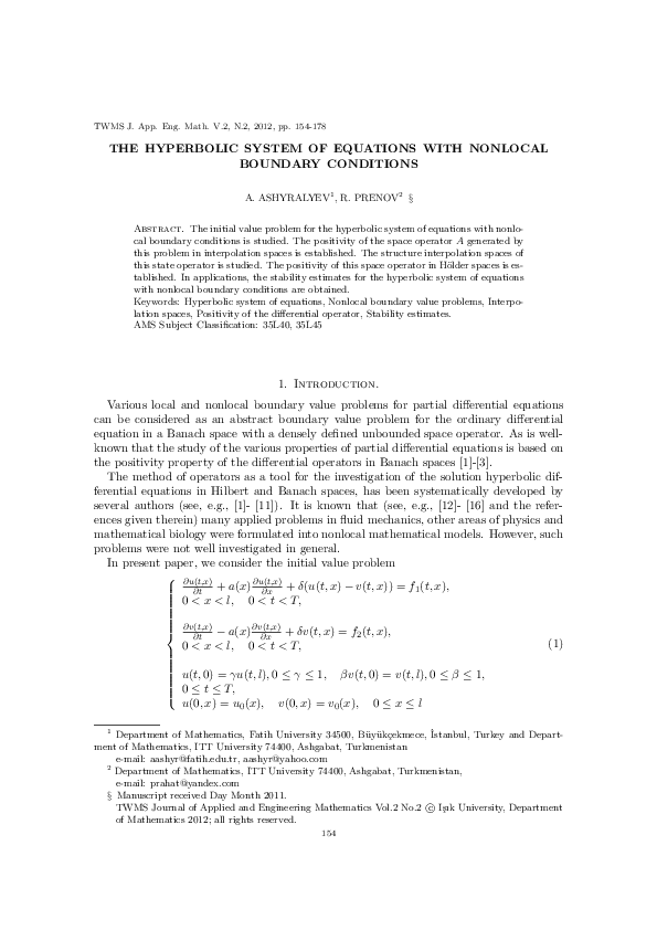 (PDF) The Hyperbolic System of Equations with Nonlocal Boundary Conditions
