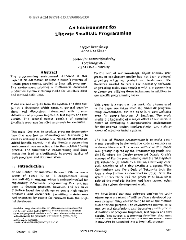 (PDF) An environment for literate Smalltalk programming