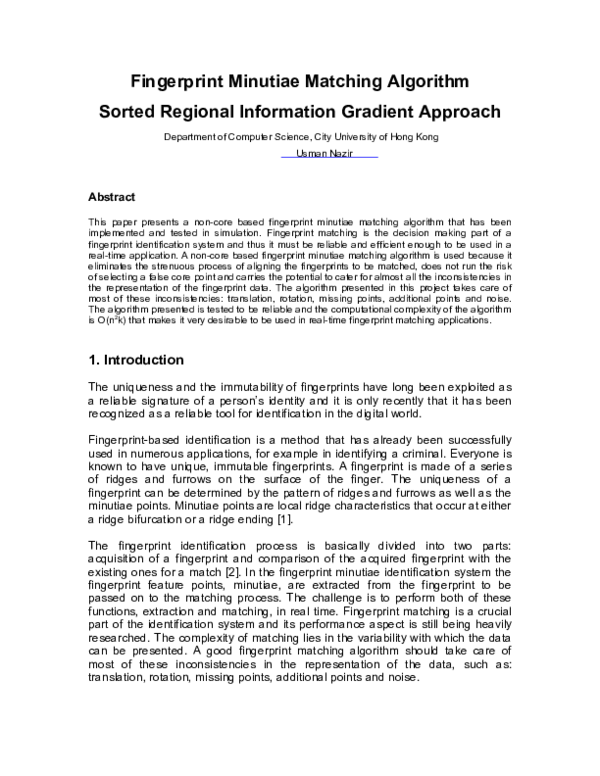 Pdf Fingerprint Minutiae Matching Algorithm Sorted Regional