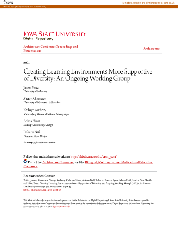 (PDF) Creating Learning Environments More Supportive of Diversity: An Ongoing Working Group