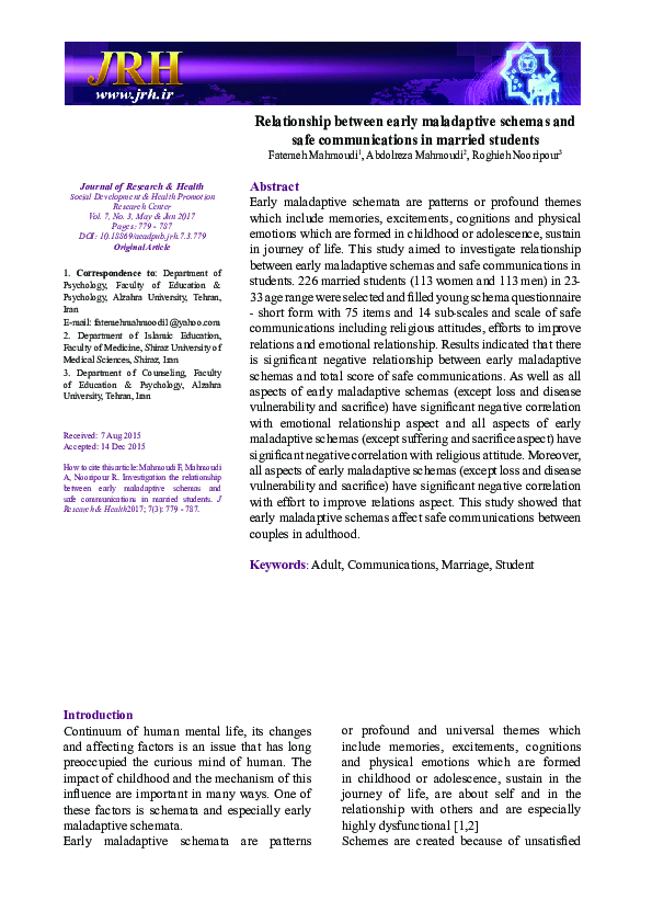 (PDF) Relationship between early maladaptive schemas and safe ...