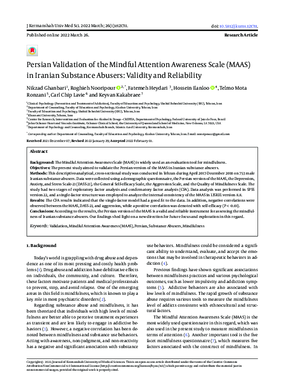 (PDF) Persian Validation of the Mindful Attention Awareness Scale (MAAS ...
