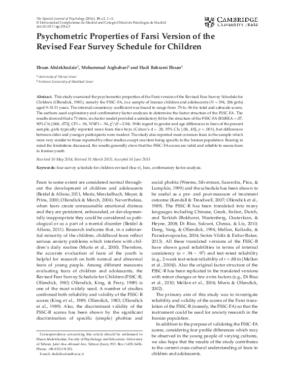 (PDF) Psychometric Properties of Farsi Version of the Revised Fear Survey Schedule for Children ...