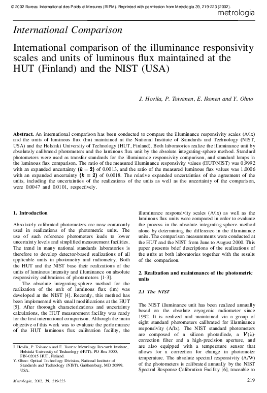 (PDF) International comparison of the illuminance responsivity scales ...
