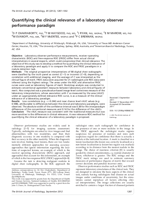 (PDF) Quantifying Clinical Relevance of ROC vs FROC
