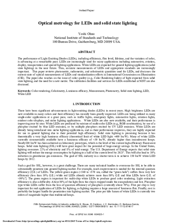 (PDF) Optical metrology for LEDs and solid state lighting