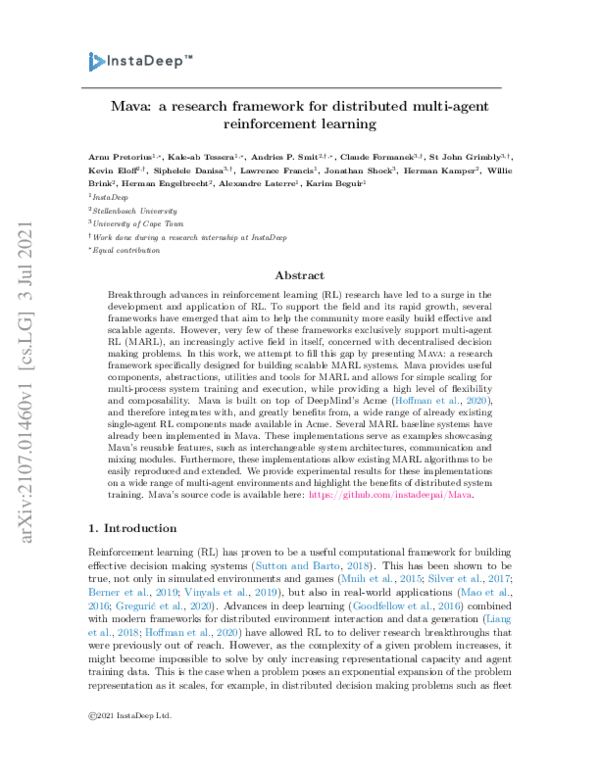 Pdf Mava A Research Framework For Distributed Multi Agent Reinforcement Learning