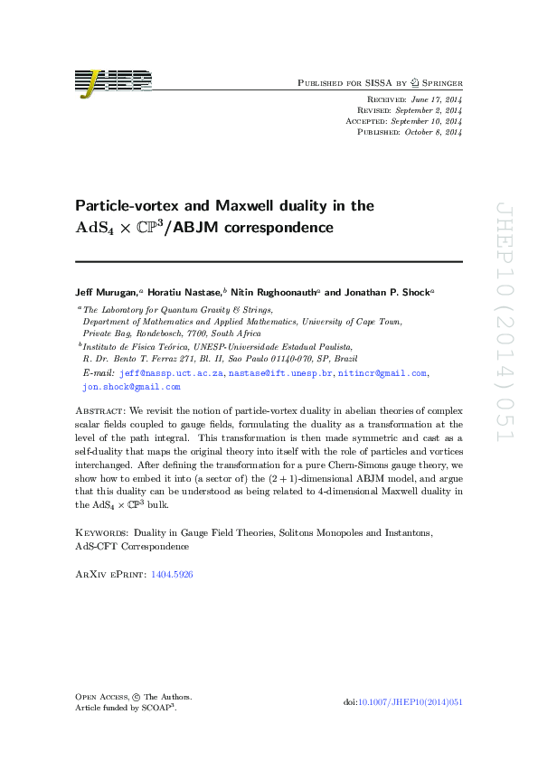 (PDF) Particle-vortex and Maxwell duality in the AdS4 × ℂℙ3/ABJM ...