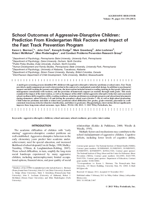 (PDF) School Outcomes of Aggressive-Disruptive Children: Prediction ...