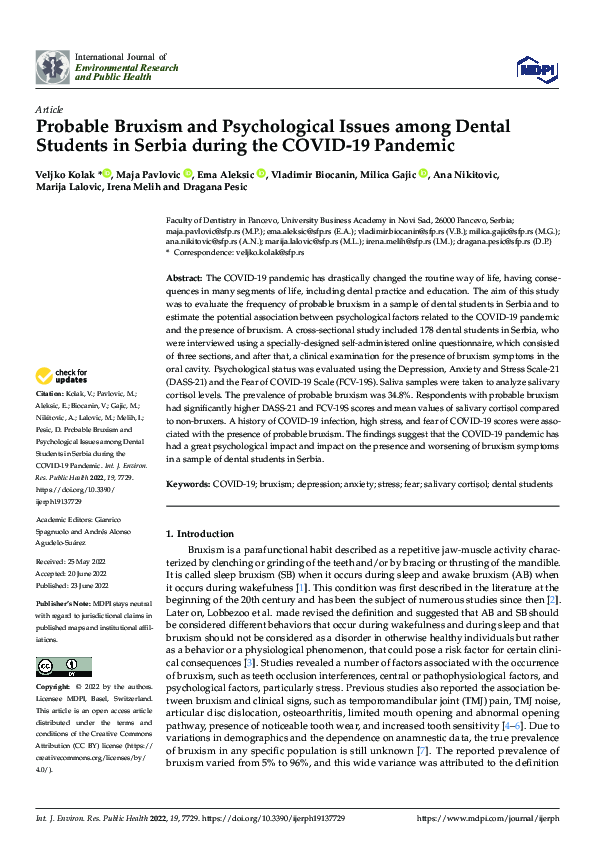 (PDF) Probable Bruxism and Psychological Issues among Dental Students ...
