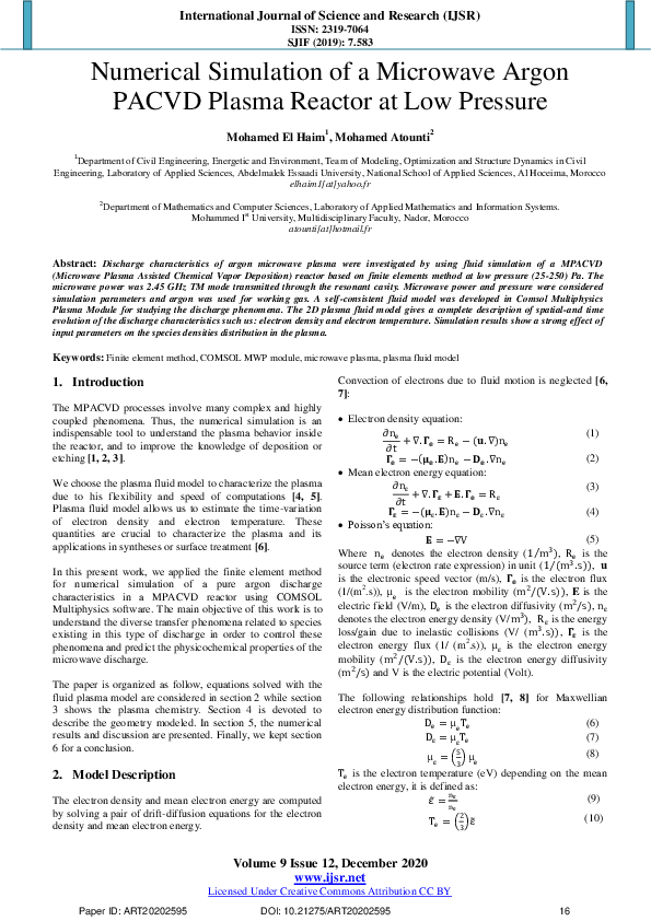 (PDF) Numerical Simulation of a Microwave Argon PACVD Plasma Reactor at ...