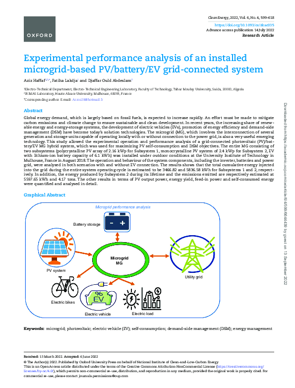 (PDF) Experimental performance analysis of an installed microgrid-based PV/battery/EV grid ...