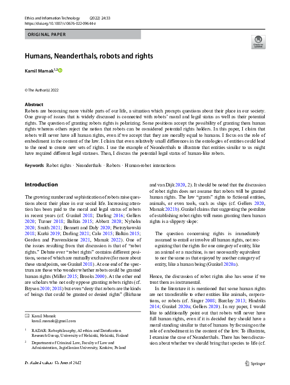 (PDF) Humans, Neanderthals, robots and rights