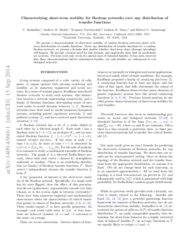 (PDF) Characterizing short-term stability for Boolean networks over any distribution of transfer ...