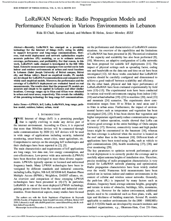 (PDF) LoRaWAN Network: Radio Propagation Models and Performance Evaluation in Various ...