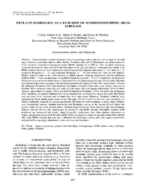 (PDF) Wetland hydrology as a function of hydrogeomorphic (HGM) subclass