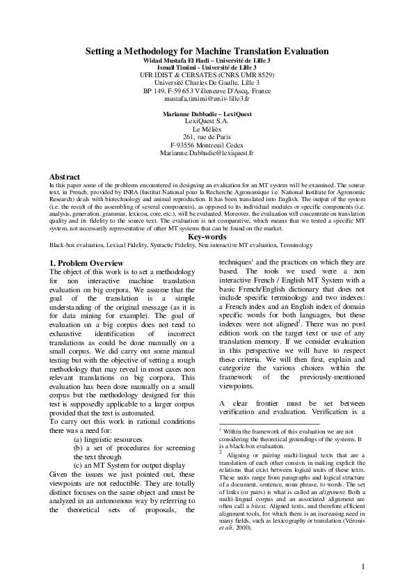 (PDF) Setting a Methodology for Machine Translation Evaluation