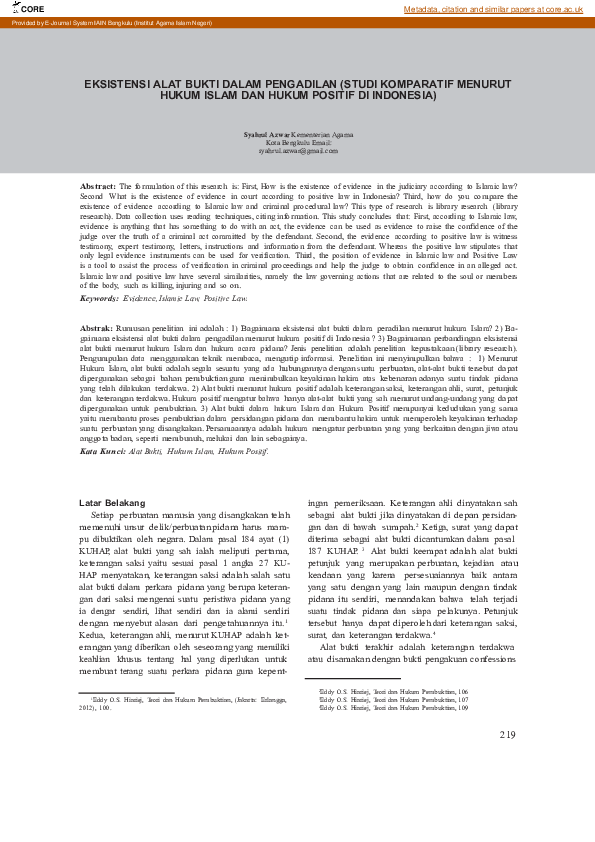 (PDF) Eksistensi Alat Bukti Dalam Pengadilan (Studi Komparatif Menurut Hukum Islam Dan Hukum ...