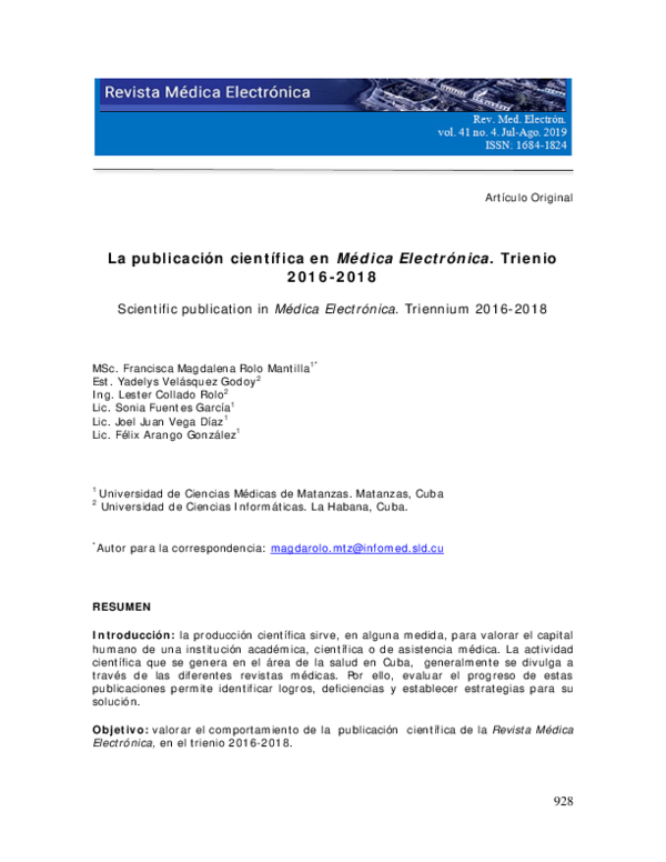 (PDF) La publicación científica en Médica Electrónica. Trienio 2016-2018