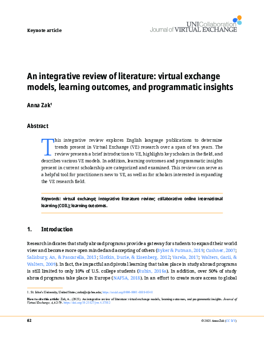 (PDF) An integrative review of literature: virtual exchange models ...