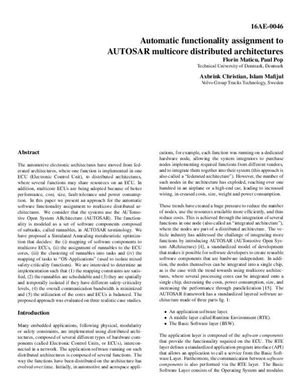 (PDF) Automatic Functionality Assignment to AUTOSAR Multicore Distributed Architectures