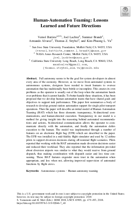 (PDF) Human-Automation Teaming: Lessons Learned and Future Directions