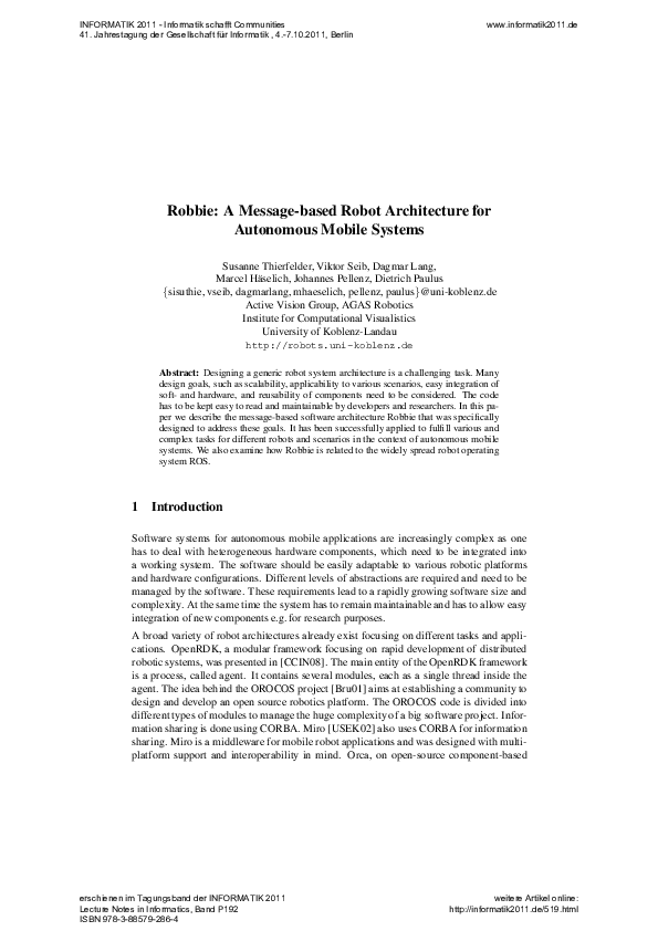 (PDF) www.informatik2011.de Robbie: A Message-based Robot Architecture ...